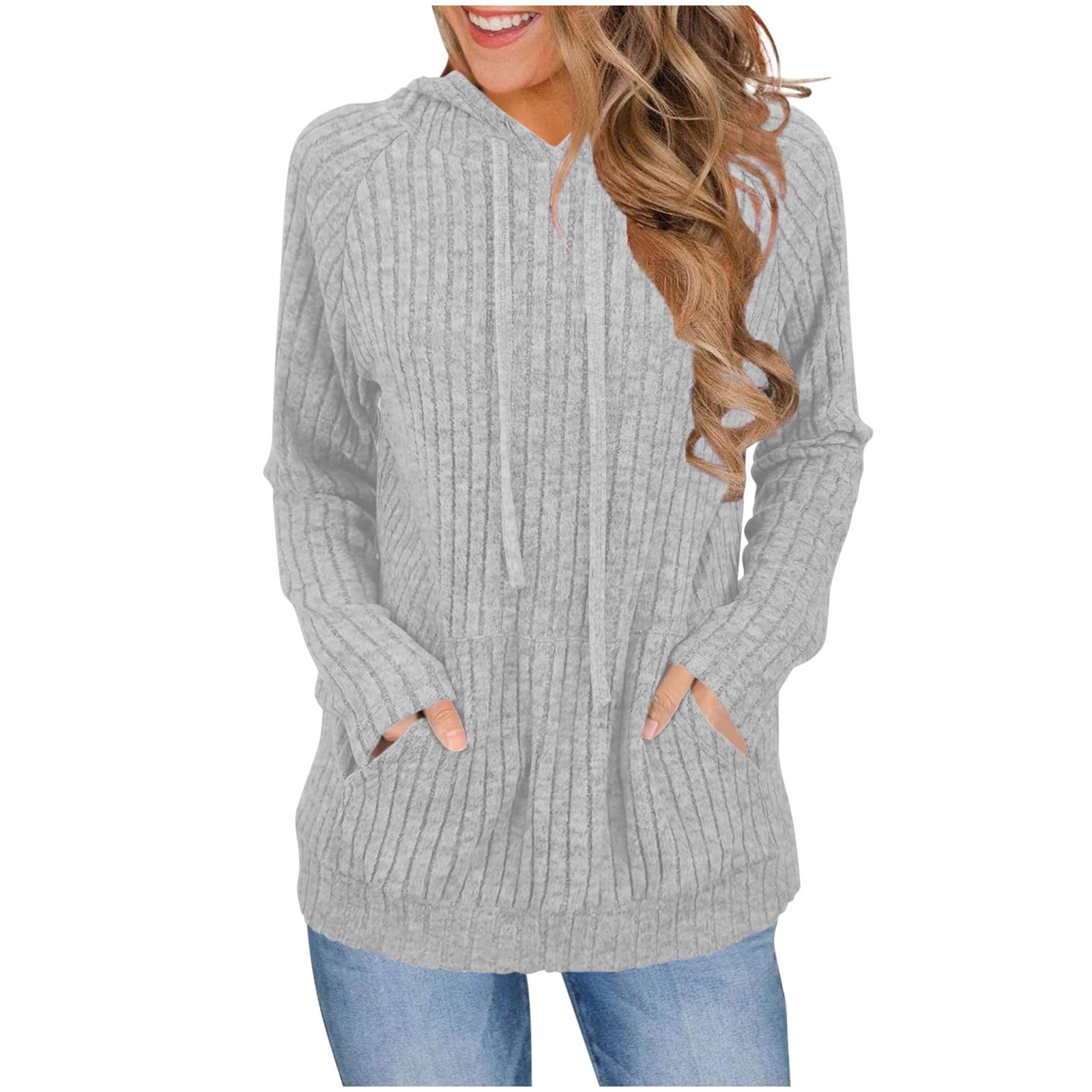 biudgviw Women's Hoodies for Fall Winter Ribbed Knit Long Sleeve ...