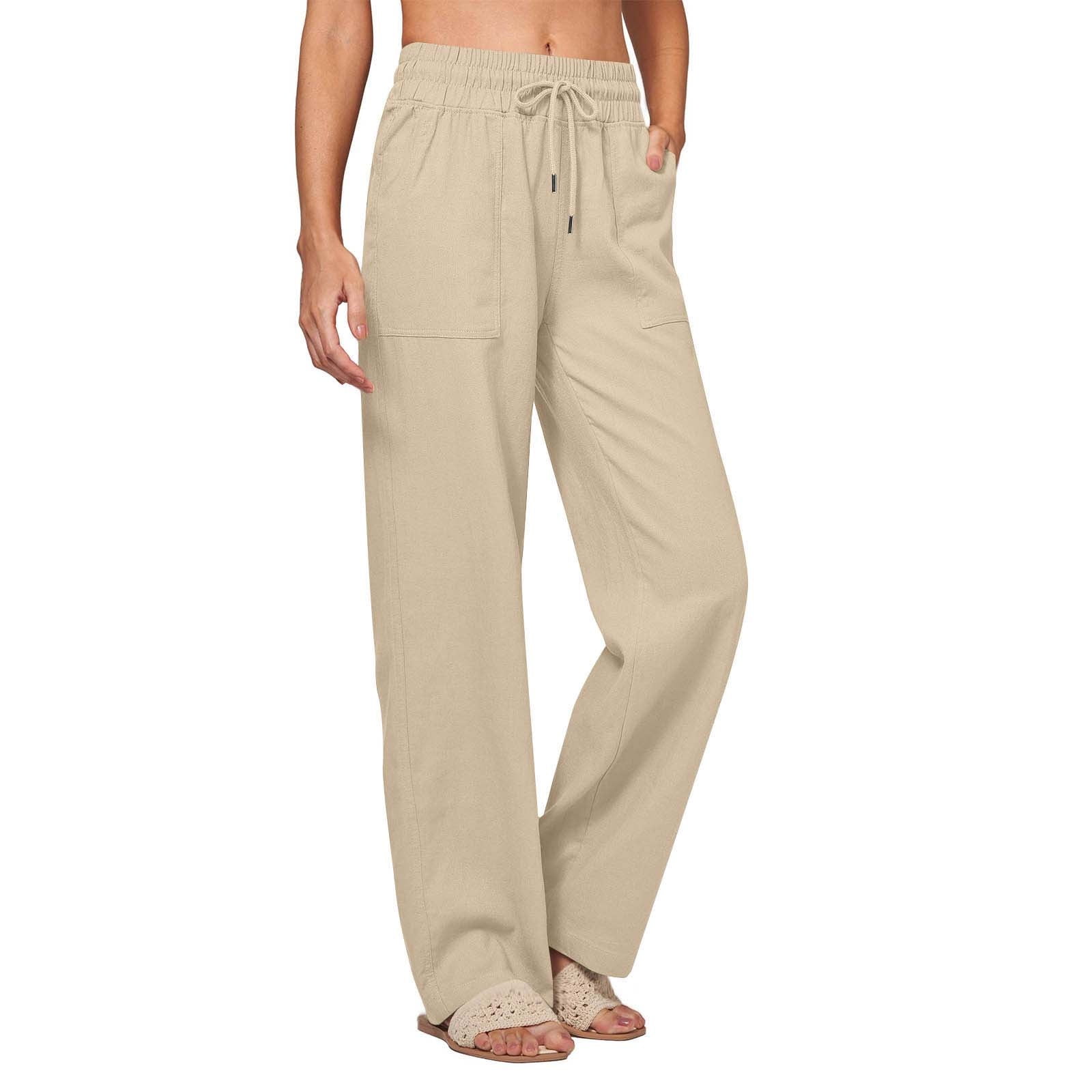 biudgviw Women's Linen Pants Elastic Waist Drawstring Pant Wide Leg ...