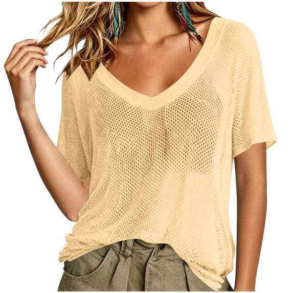 biudgviw Women's Mesh Tops Summer V Neck Short Sleeve Shirts Breathable ...