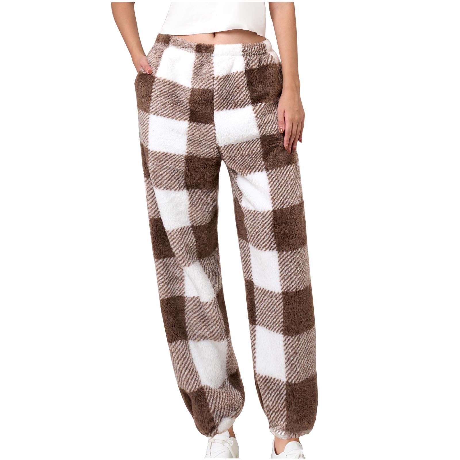 biudgviw Women's Plaid Pajama Pants for Winter High Waist Cinch Bottom ...