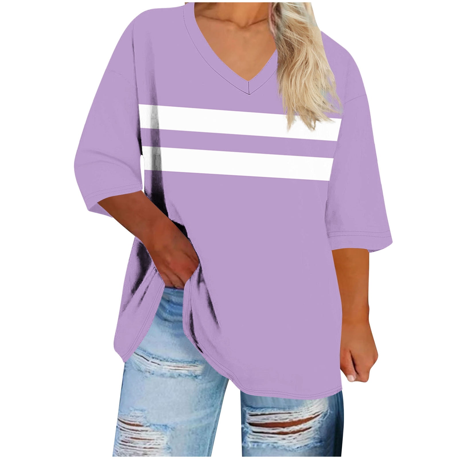 biudgviw Women's Plus Size Tops Color Block 3/4 Sleeve Tunic Tops ...