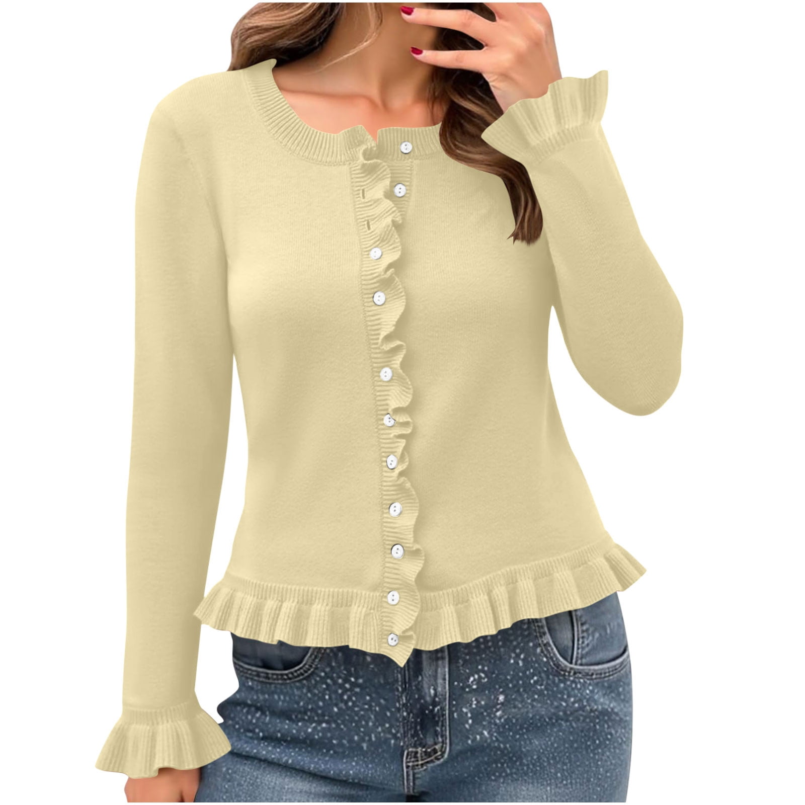 biudgviw Women's Ruffle Cardigan Sweaters Button Up Cropped Long Sleeve ...