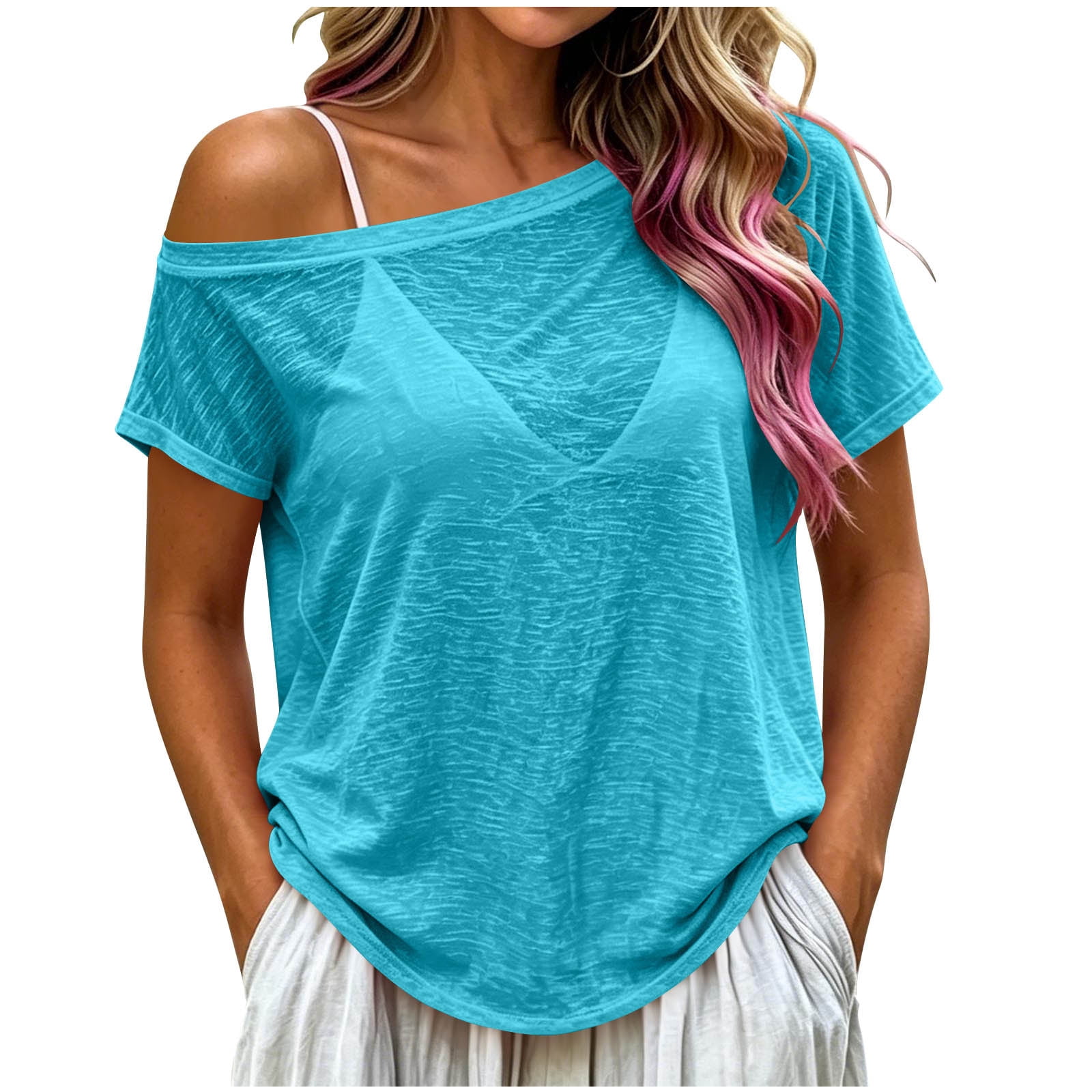 biudgviw Women's Sheer Off the Shoulder Tops Summer Casual Short Sleeve ...