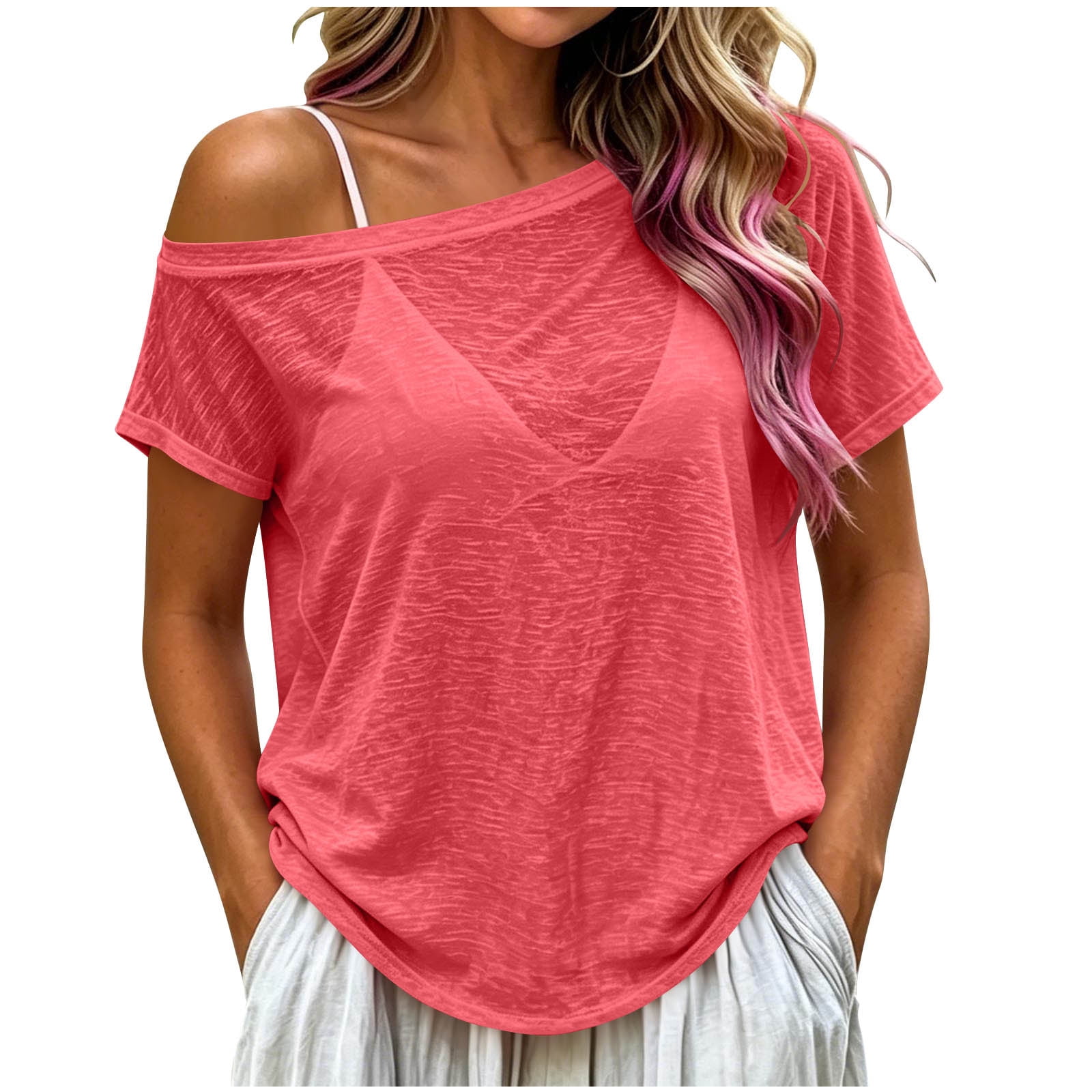biudgviw Women's Sheer Off the Shoulder Tops Summer Casual Short Sleeve ...