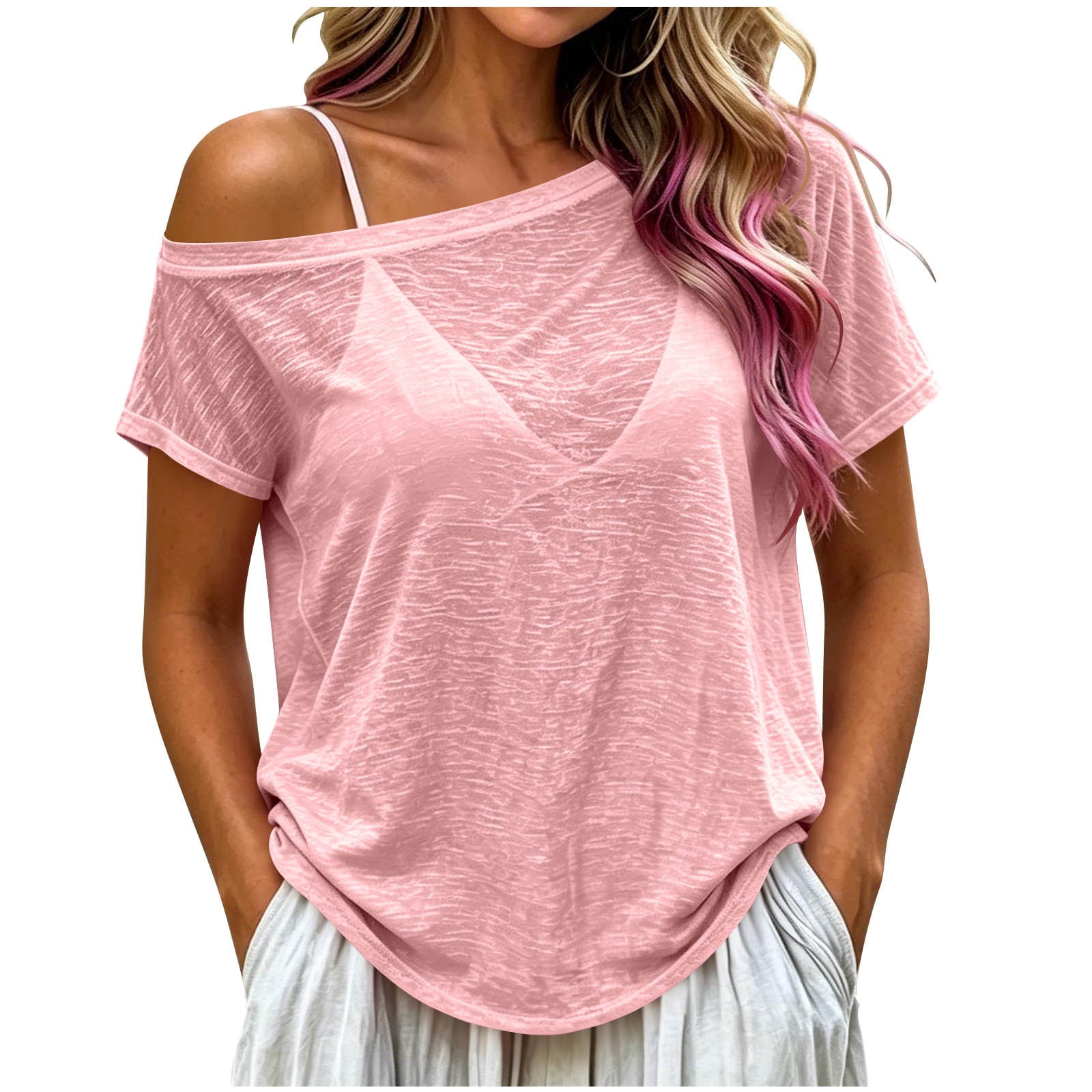 biudgviw Women's Sheer Off the Shoulder Tops Summer Casual Short Sleeve ...