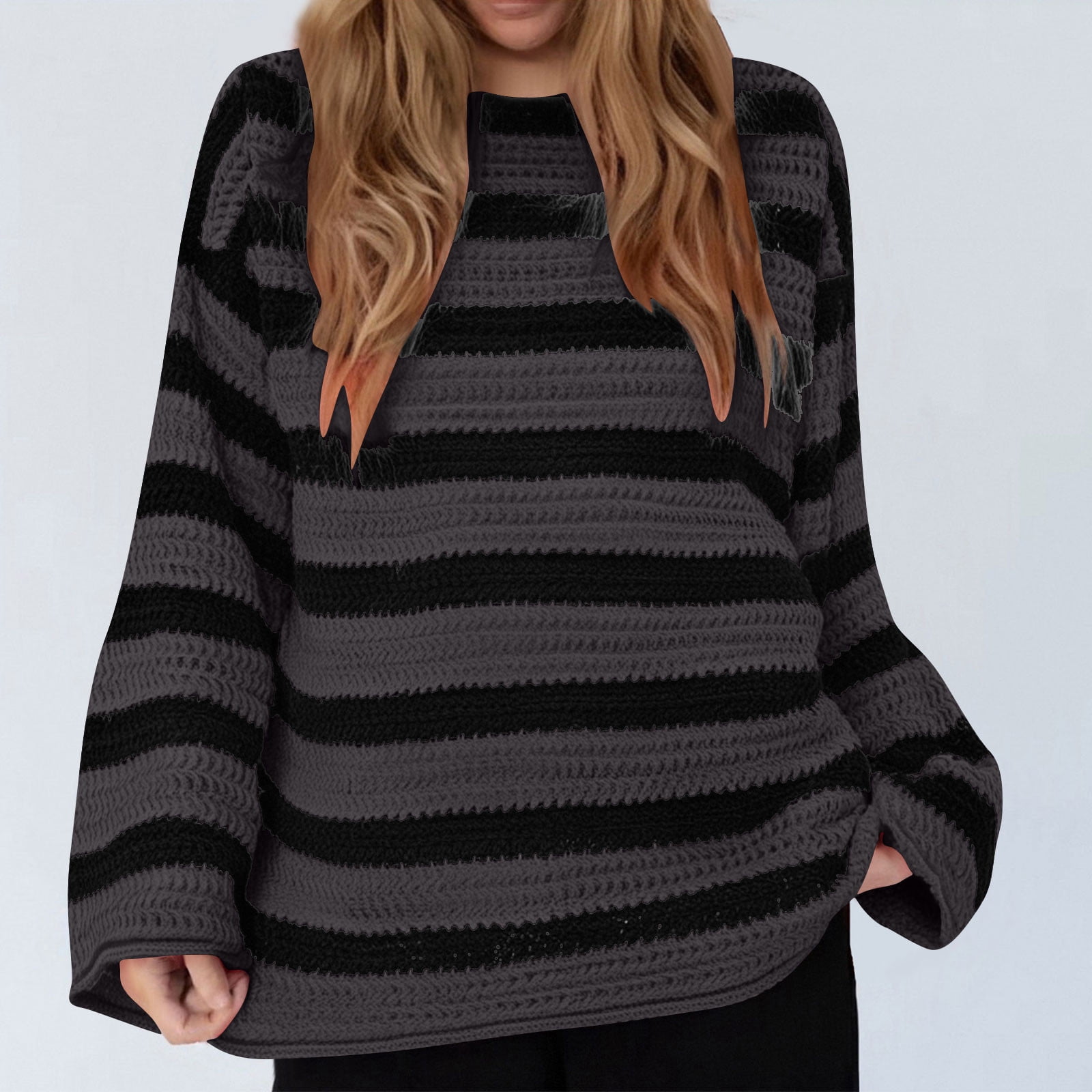 biudgviw Women's Striped Sweaters Oversized Casual Long Sleeve Pullover ...