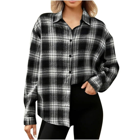 biudgviw Women's Tops Lightweight Plaid Lapel Button Down Shirts ...