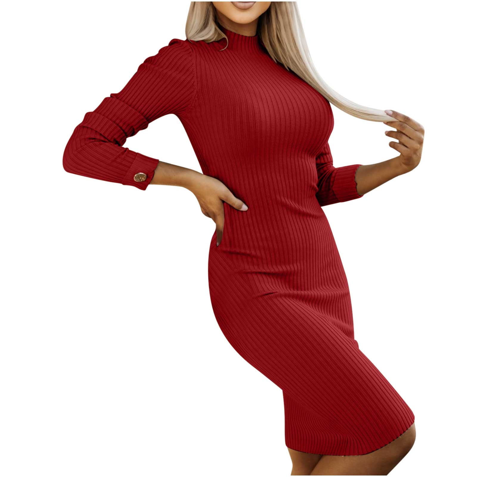 biudgviw Women's Turtleneck Sweater Dress Long Sleeve Ribbed Knit Fall ...