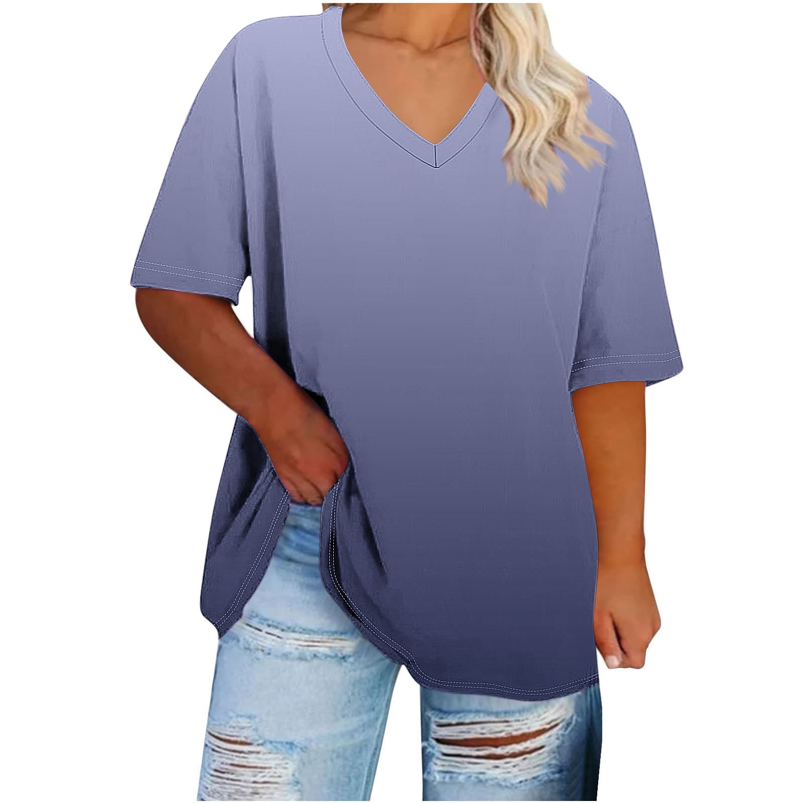 biudgviw Women's V Neck T Shirts Plus Size Gradient Short Sleeve ...