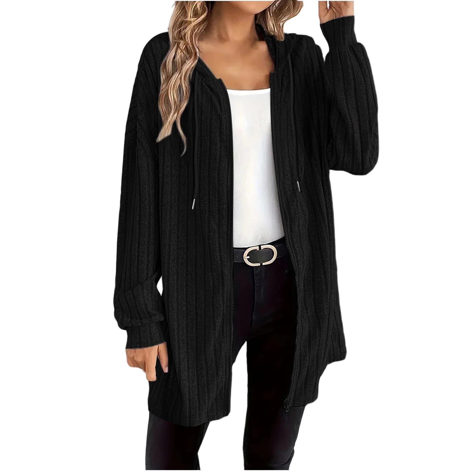 biudgviw Women's Zip Up Jacket with Hood Long Sleeve Ribbed Knit Long ...