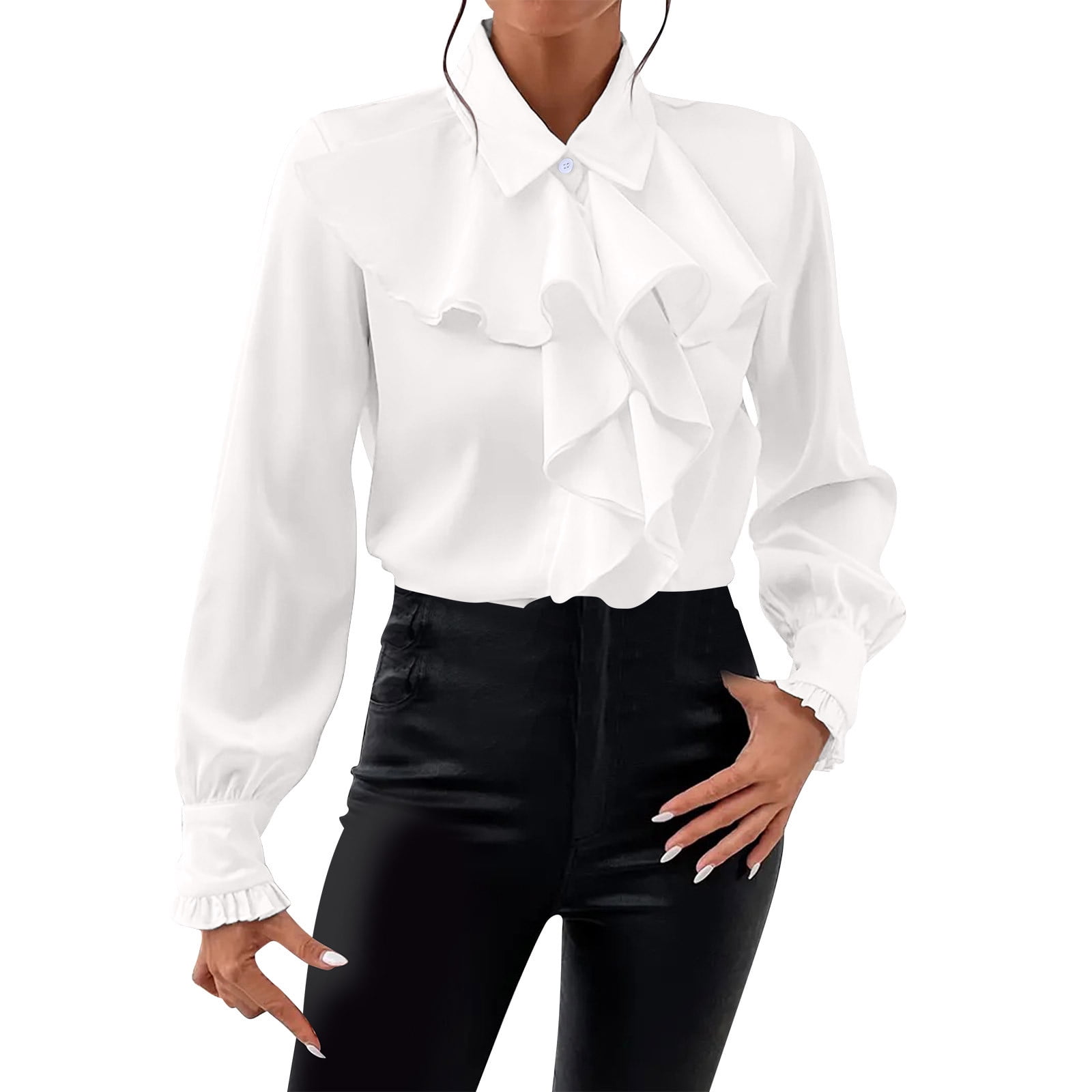 biudgviw Womens Button down Shirts Vintage Ruffle Front Turndown Collar ...