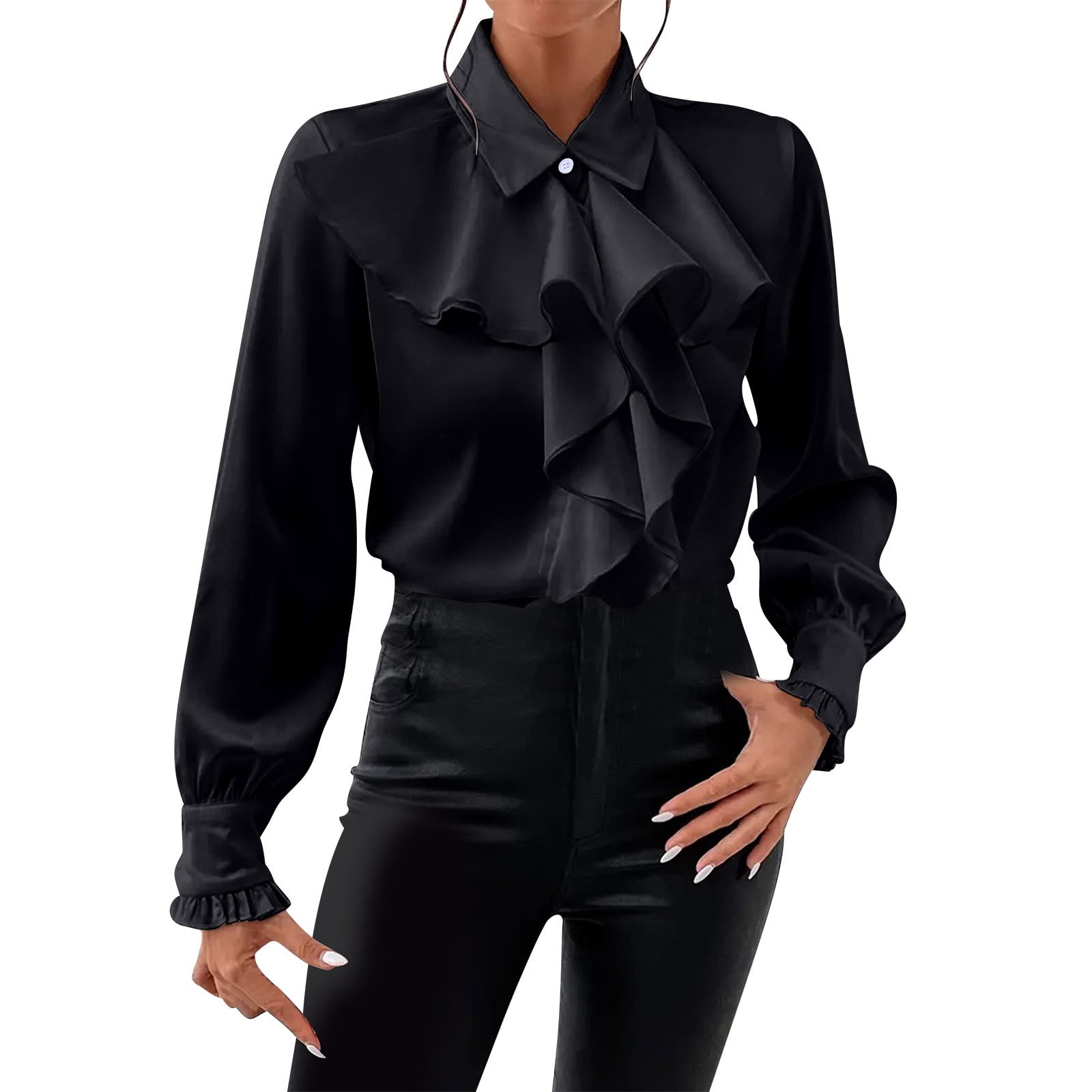 biudgviw Womens Button down Shirts Vintage Ruffle Front Turndown Collar ...