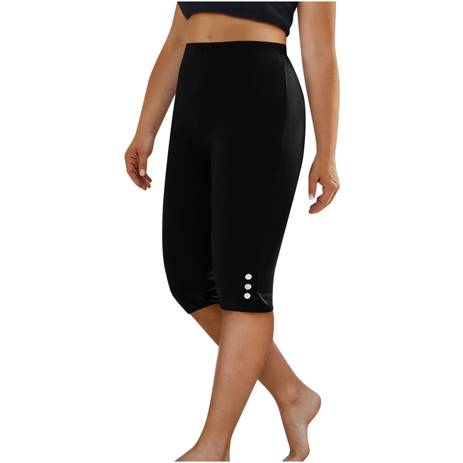 biudgviw Womens Capri Yoga Pants High Waist Leggings Button Hem Lightweight Knee-Length Summer ...