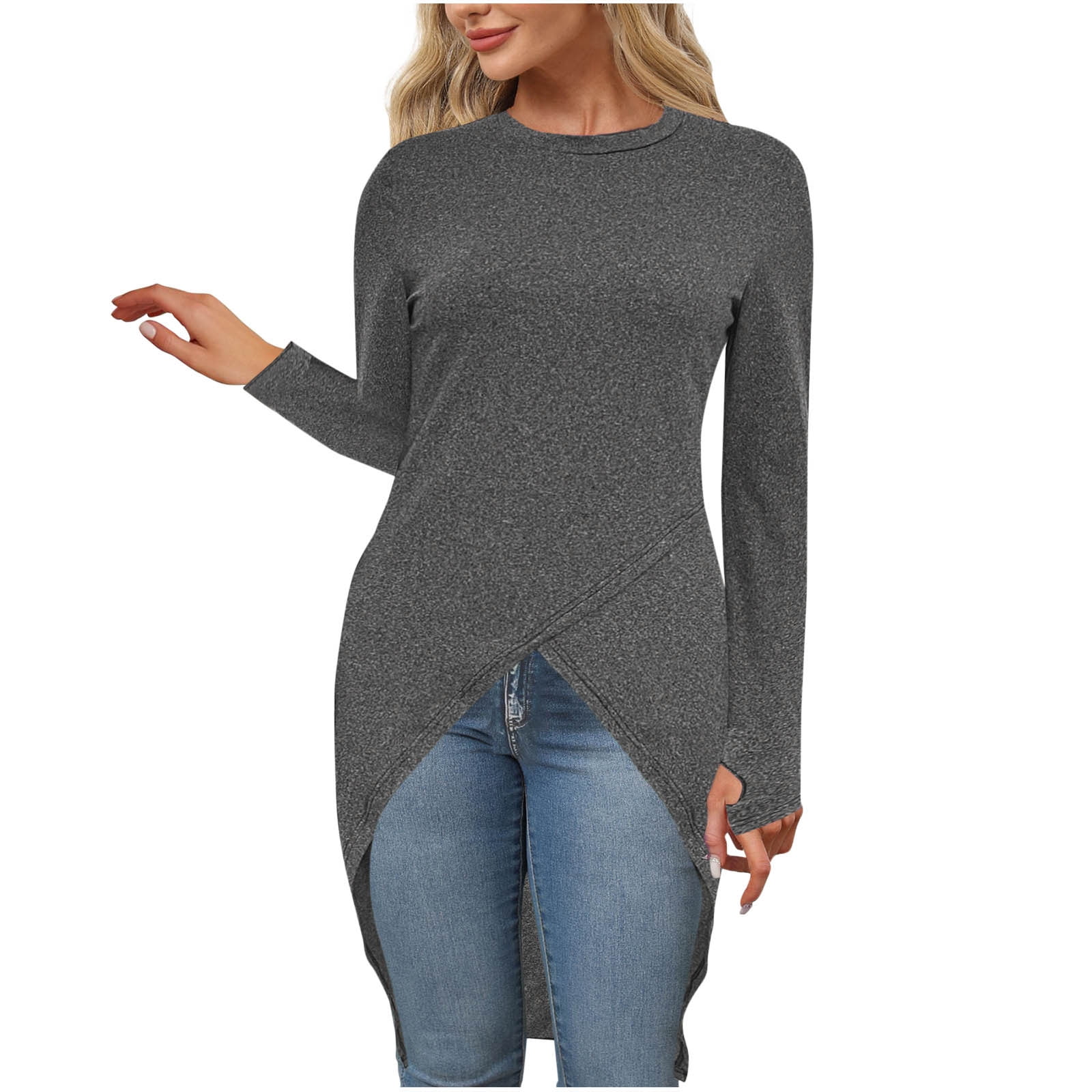 biudgviw Womens Fall Shirts Crew Neck Long Sleeve Trendy High Low Tops ...