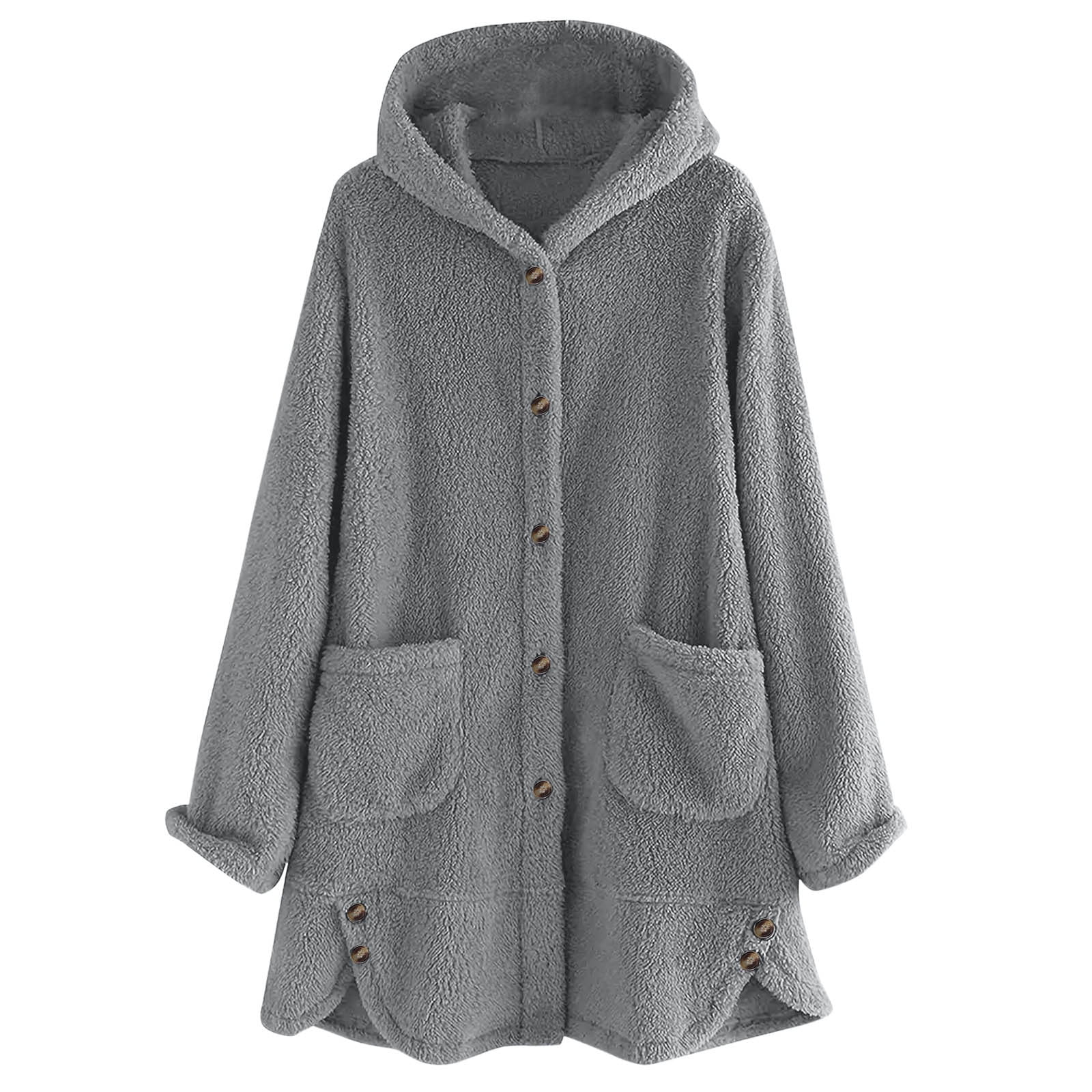 biudgviw Womens Fuzzy Fleece Jacket Long Sleeve Button up Hooded Coats ...