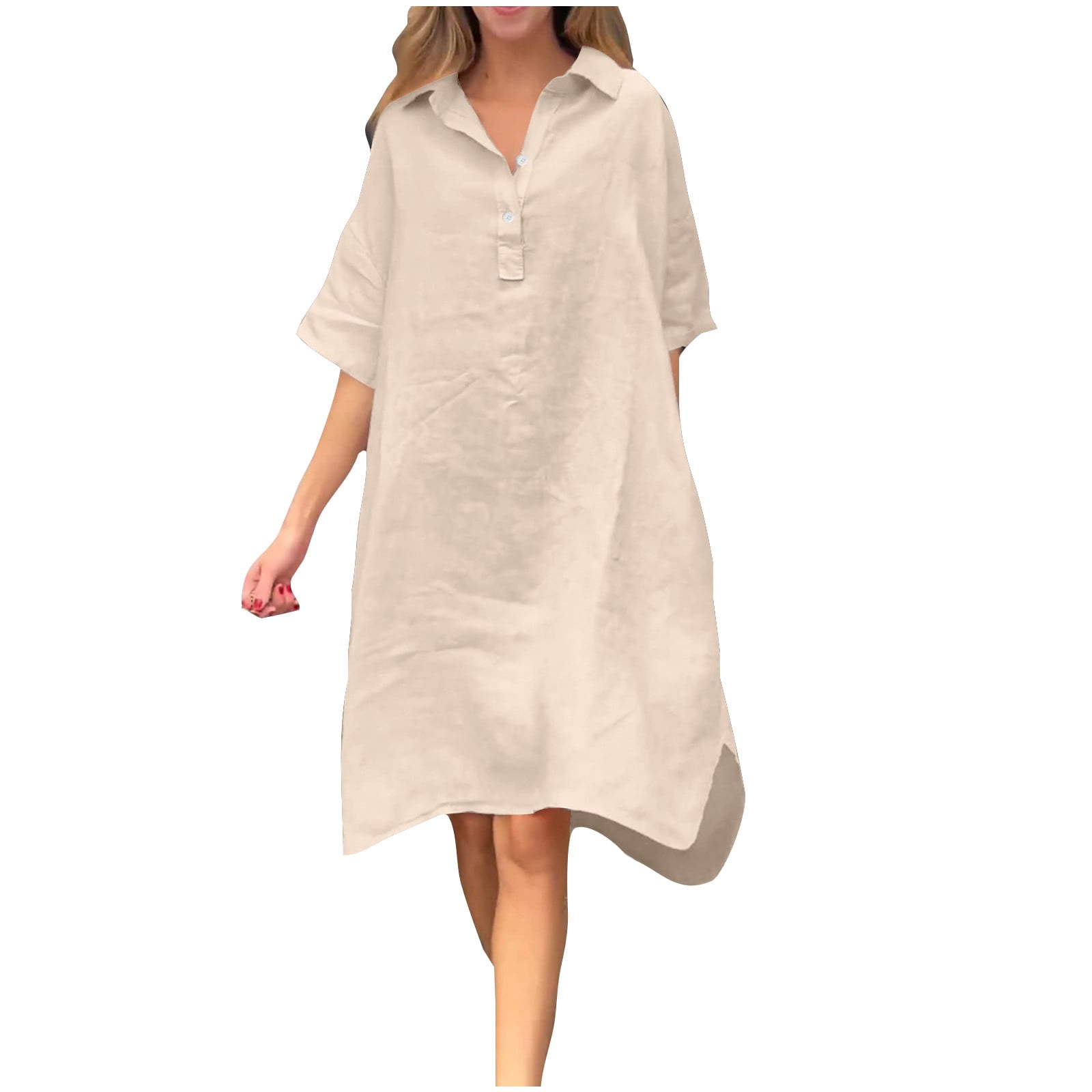 biudgviw Womens Oversized Dresses Cotton Linen Flowy V Neck Collared ...
