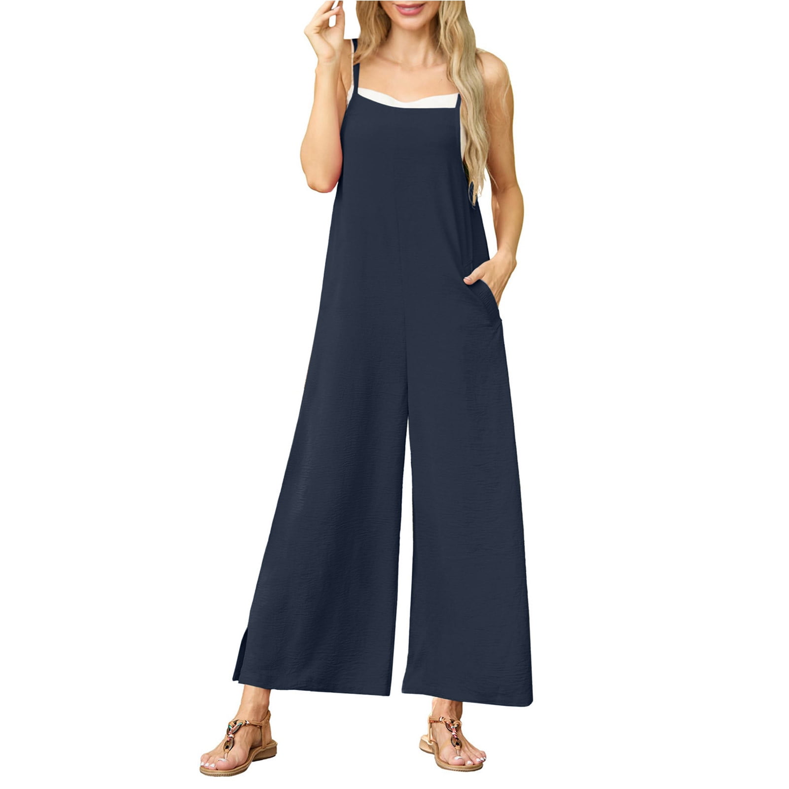 biudgviw Womens Palazzo Pants Jumpsuits Spaghetti Strap Sleeveless Wide Leg Pants Rompers One ...