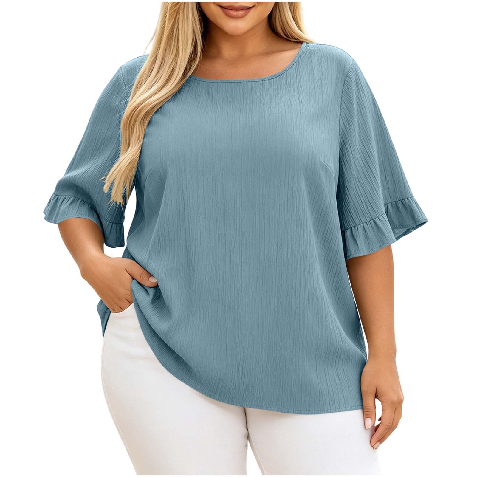 biudgviw Womens Plus Size Summer Tops Ruffle Half Sleeve Tunic Blouses ...