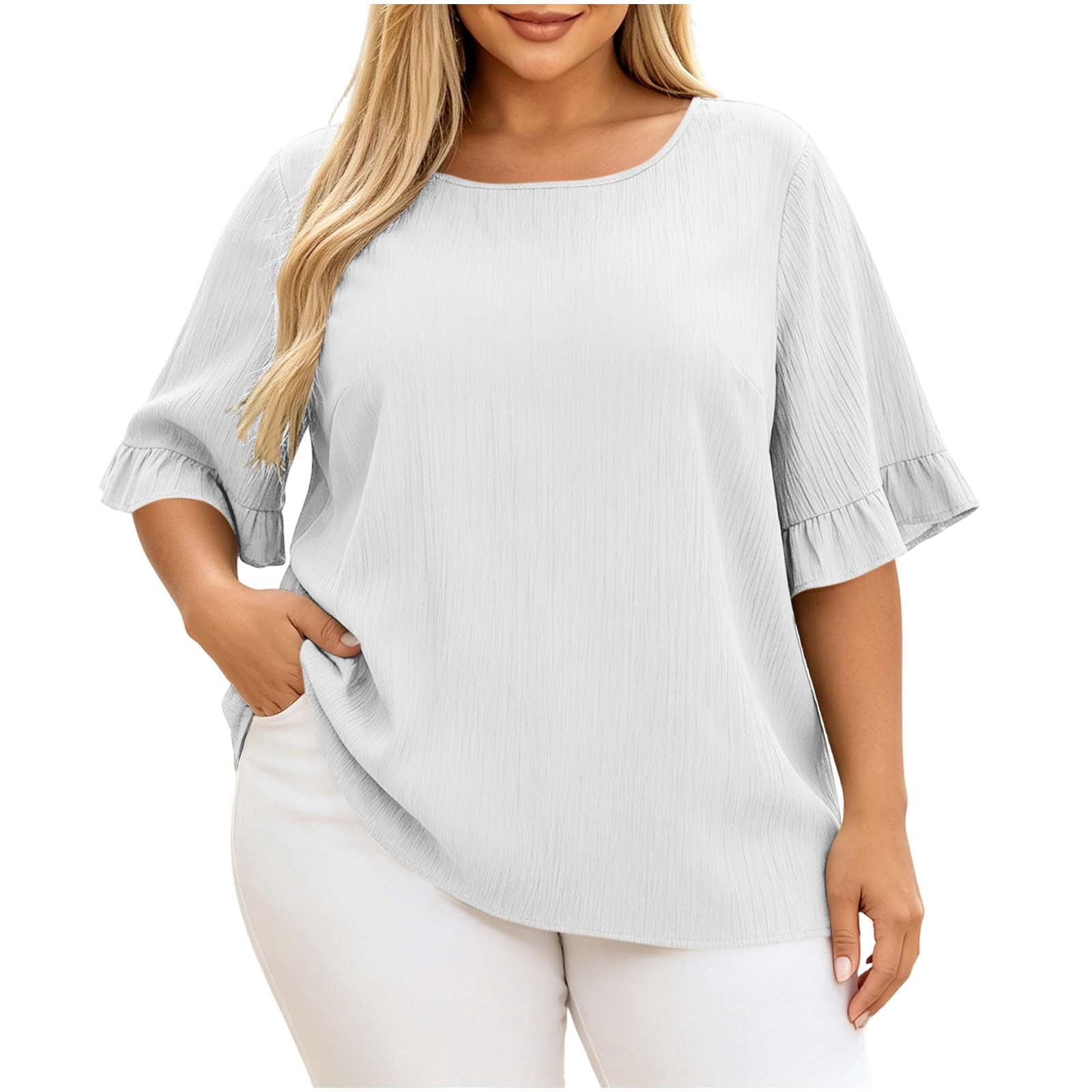 biudgviw Womens Plus Size Summer Tops Ruffle Half Sleeve Tunic Blouses ...