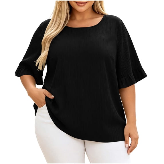 biudgviw Womens Plus Size Summer Tops Ruffle Half Sleeve Tunic Blouses ...