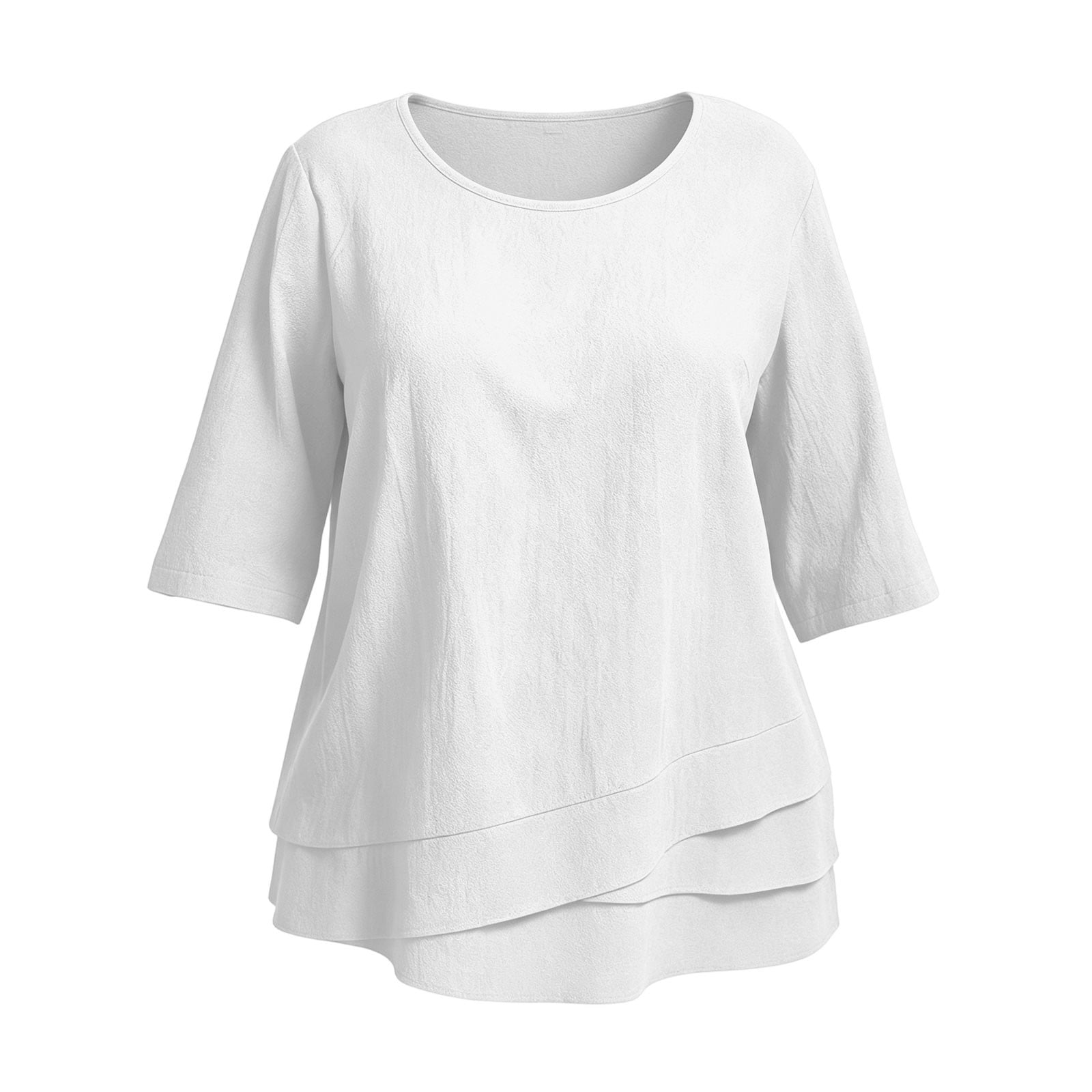 biudgviw Womens Plus Size Tops Loose Pleated 3/4 Sleeve Blouses Crew ...