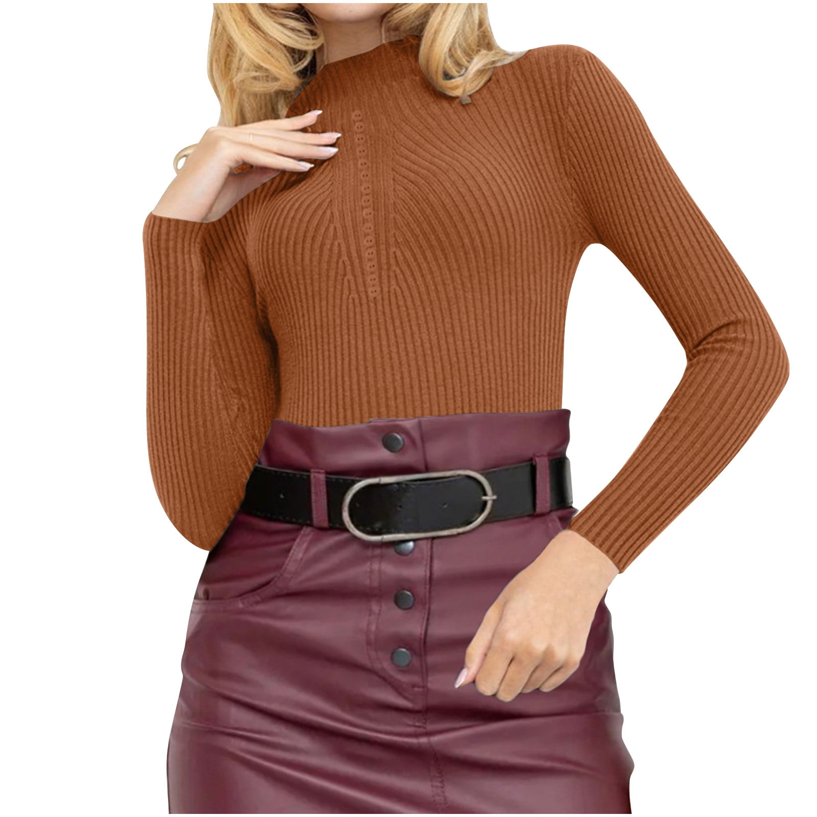 biudgviw Womens Ribbed Knit Sweater Mock Neck Slim Fit Work Base Layer ...