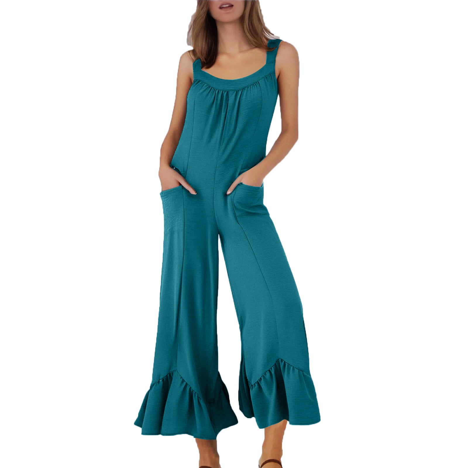 biudgviw Womens Ruffle Hem Jumpsuits Strap Square Neck Tank Top Rompers ...