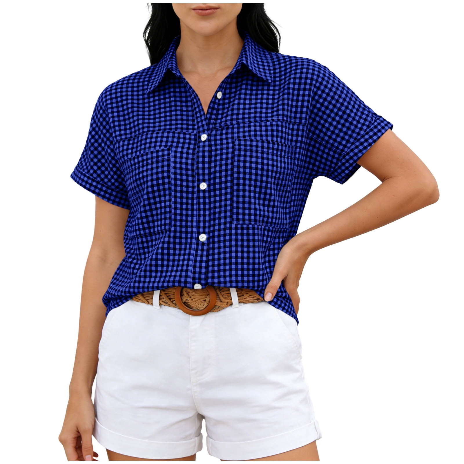 biudgviw Womens Short Sleeve Summer Tops Plaid Button Down Shirts ...