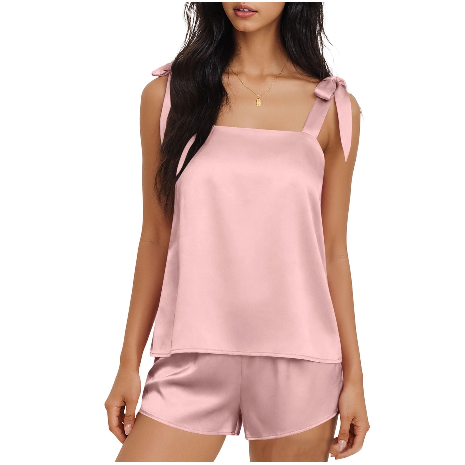 biudgviw Womens Silk Pajama Set Bow Tie Knot Tank Top Sleepwear Square ...