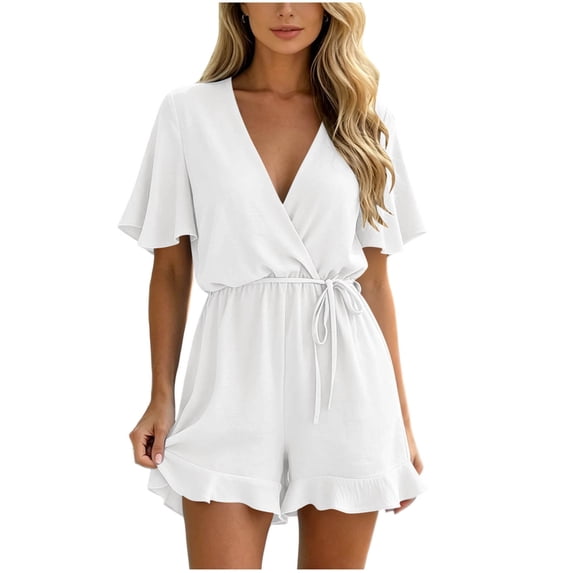 biudgviw Womens Summer Rompers Short Sleeve V Neck Jumpsuits Drawstring ...