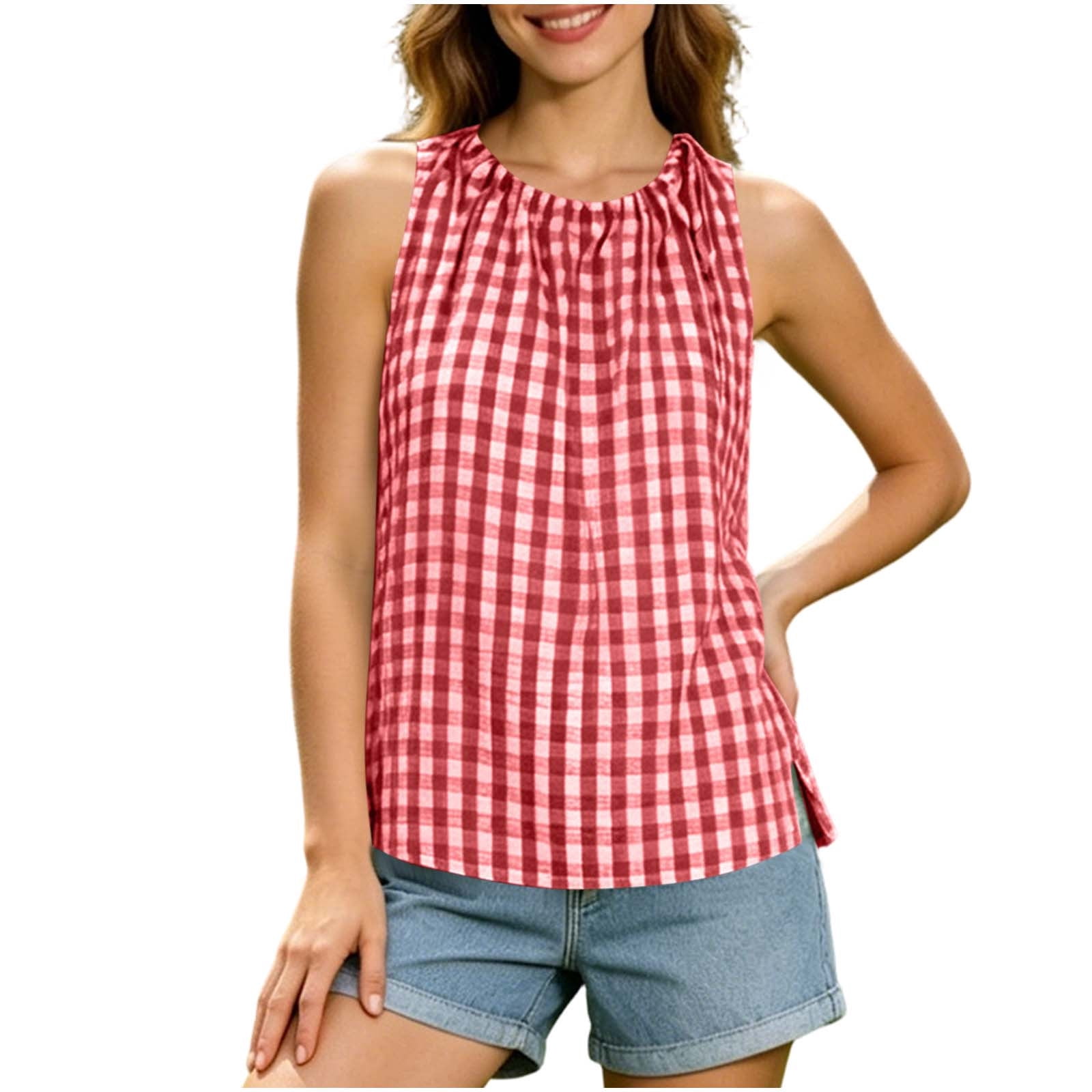 biudgviw Womens Tank Tops Fashion Plaid Sleeveless T Shirts Side Split ...