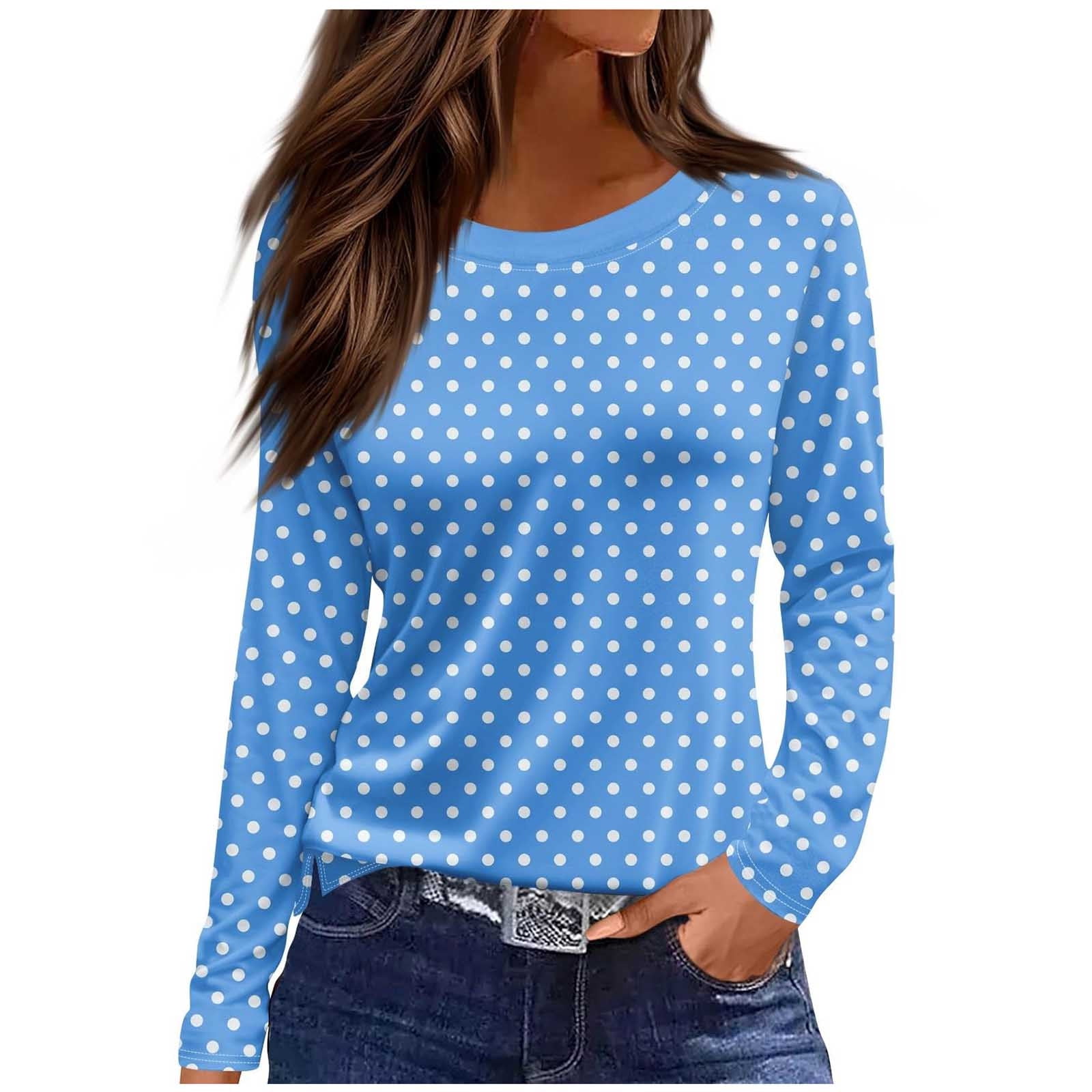 biudgviw Womens Tops Casual Polka Dots Print Long Sleeve Tees ...
