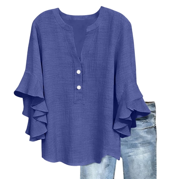 biudgviw Womens Tops Cute Ruffled 3/4 Sleeve Blouses Cotton Linen ...