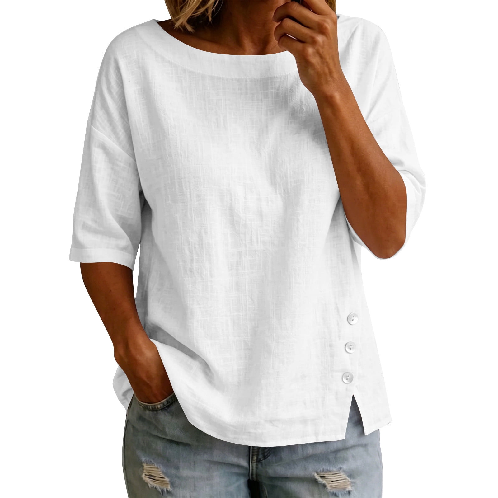 biudgviw Womens Tops Round Neck Half Sleeve Casual Shirts Side Button ...