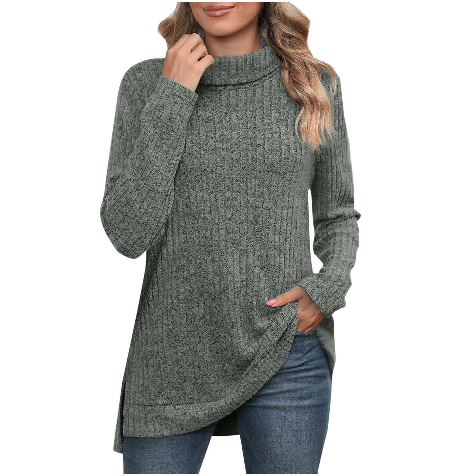 biudgviw Womens Tunic Tops Side Split Long Sleeve Ribbed Knit Sweater ...