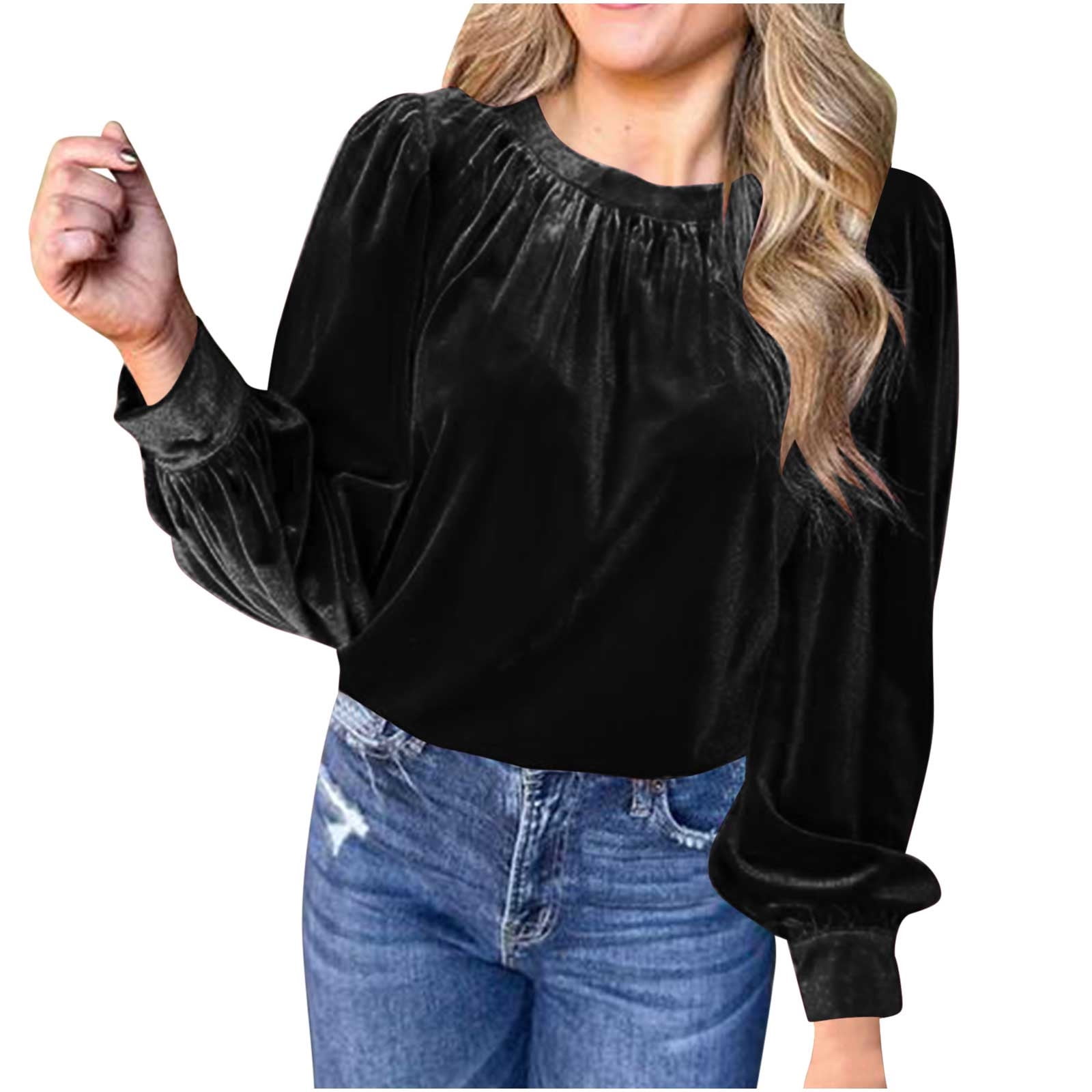 biudgviw Womens Velvet Tops Crew Neck Trendy Tshirts Lantern Long ...