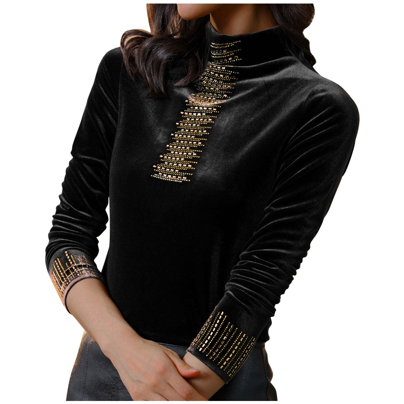 biudgviw Womens Velvet Tops Mock Neck Elegant Business Casual Shirts 3/ ...