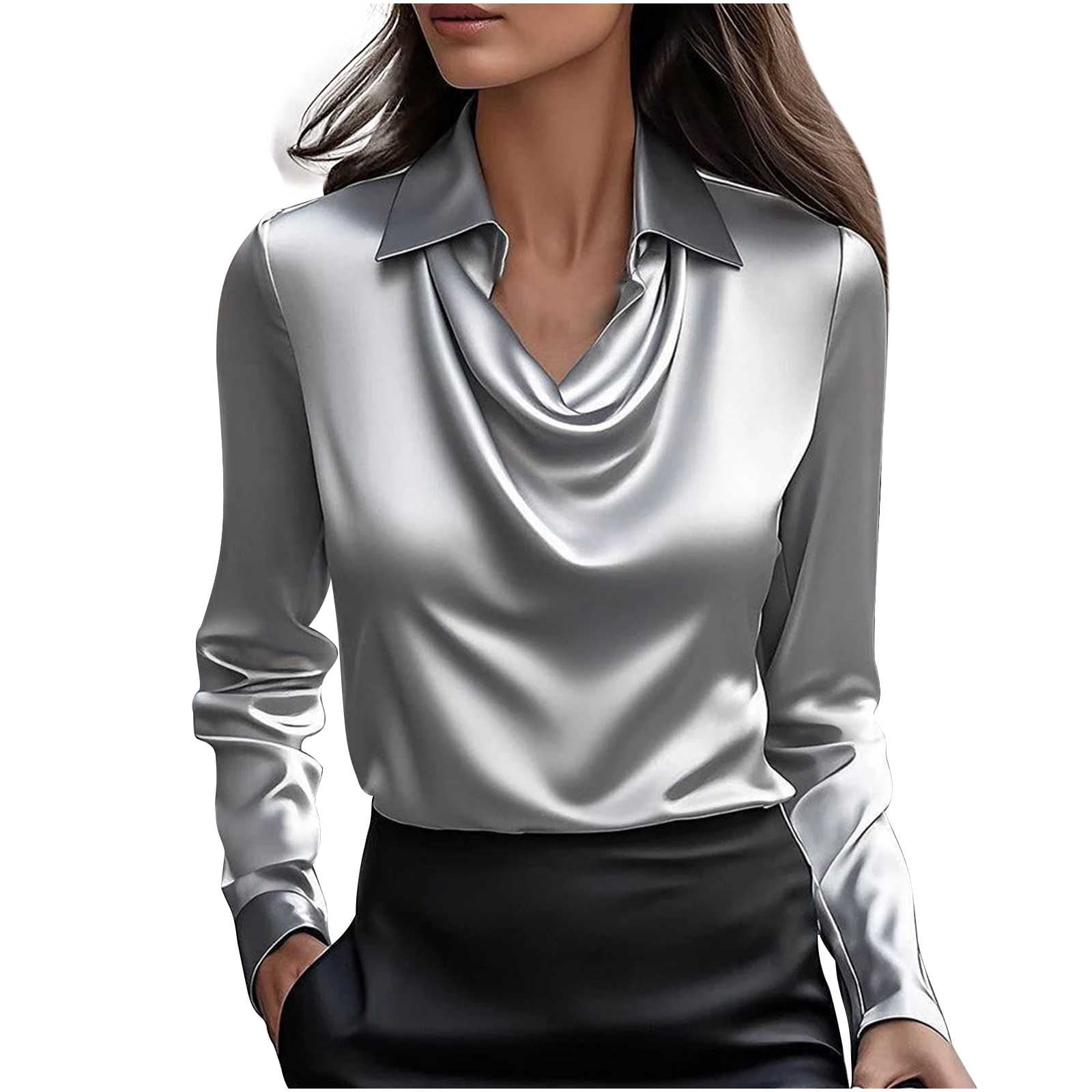 biudgviw Work Tops for Women Satin Silk Long Sleeve Turndown Collar ...