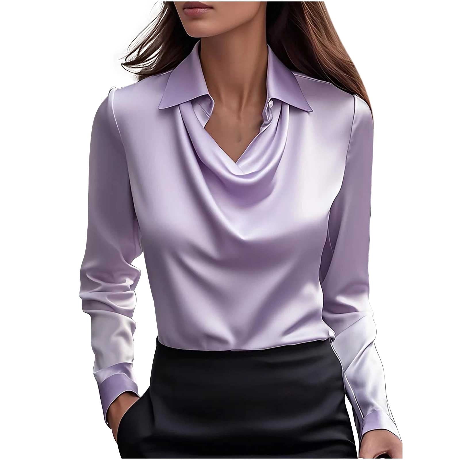 biudgviw Work Tops for Women Satin Silk Long Sleeve Turndown Collar ...