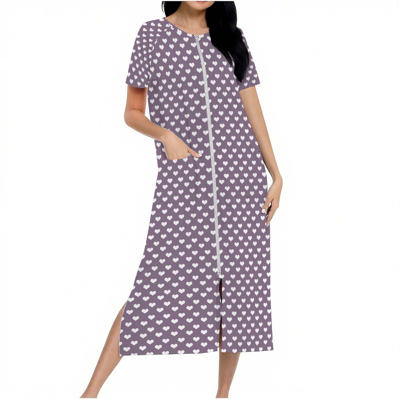 biudgviw Zip Up Robes for Women Heart Print Short Sleeve Housecoats ...