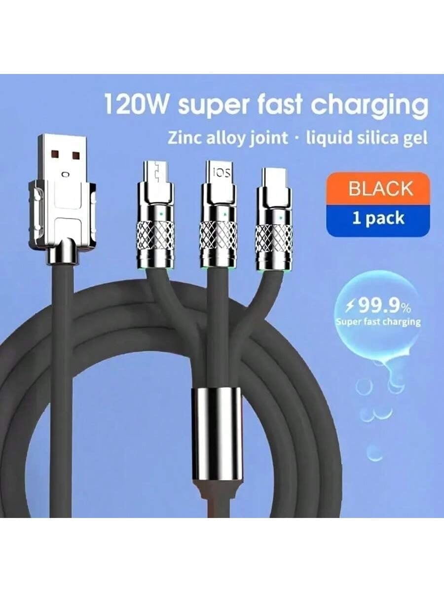 A black 3 - in - 1, 120W fast - charging USB data cable. It's a boldly ...