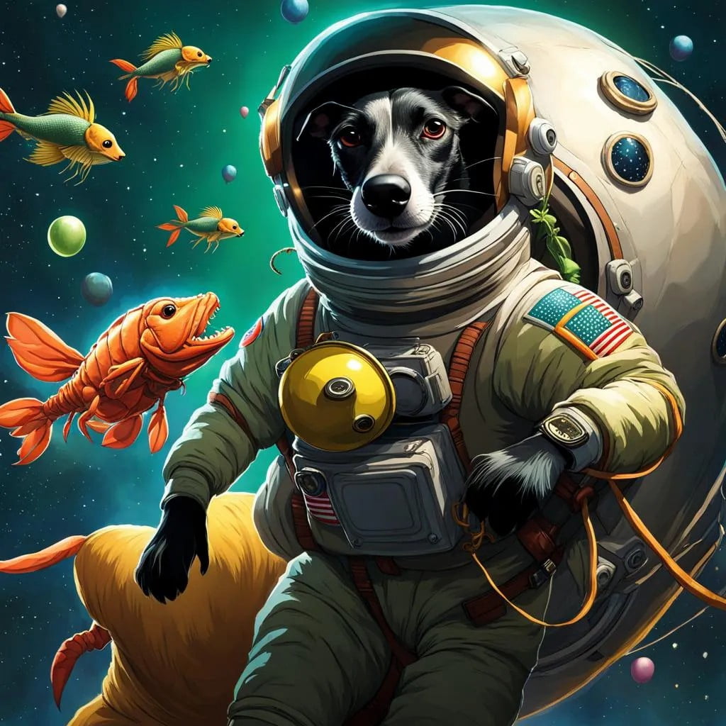 A black Greyhound in a spacesuit is flying in the air. 1000 wooden ...