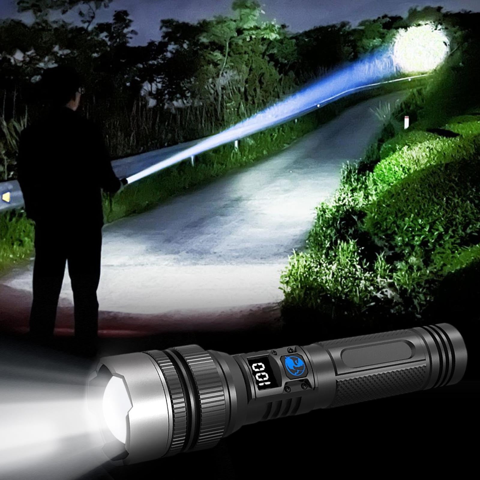 black High Power Rechargeable Led Flashlight With Digital Battery ...