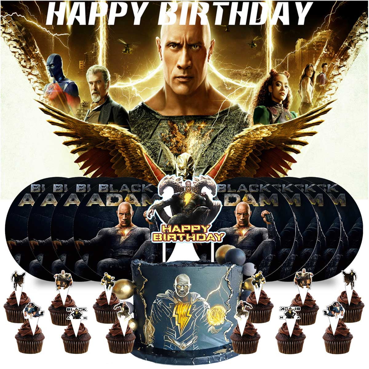 black adam Party Decor Decorations Plates Background Cake Topper Fans ...