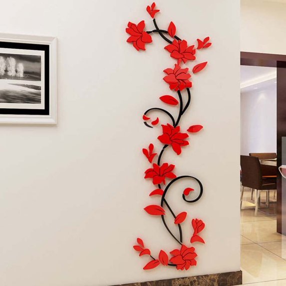 (black branches + red on the right)Rose vine 3D acrylic crystal wall ...