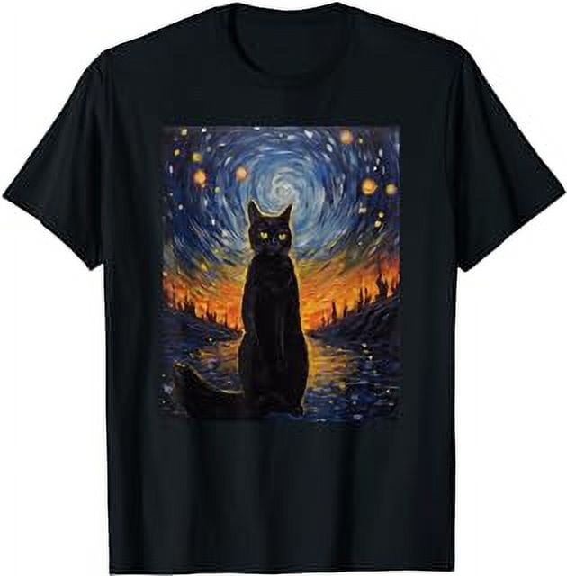 black cat Painting art Starry Night kitty kitten Van Gogh T-Shirt ...