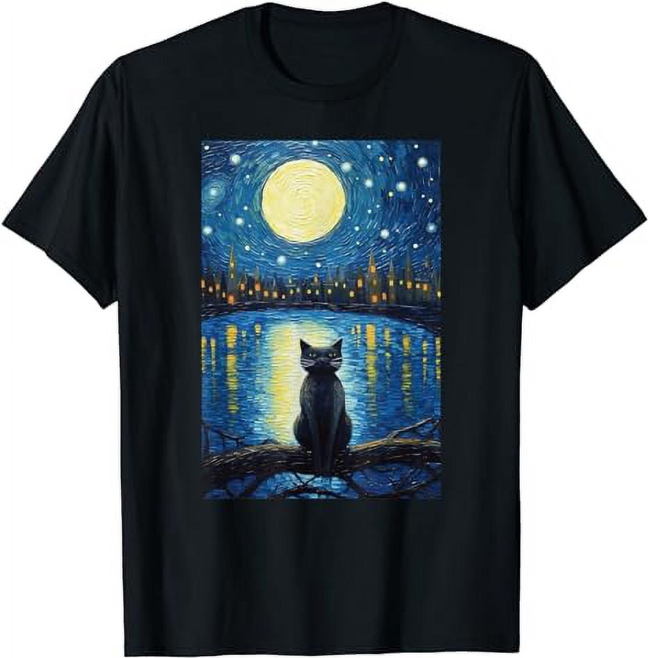black cat Painting art Starry Night kitty kitten Van Gogh T-Shirt ...
