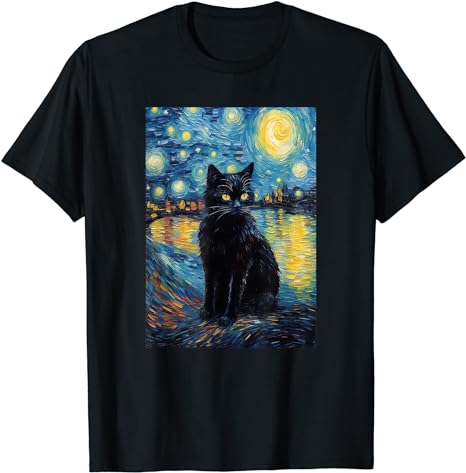 black cat Painting art Starry Night kitty kitten Van Gogh T-Shirt ...