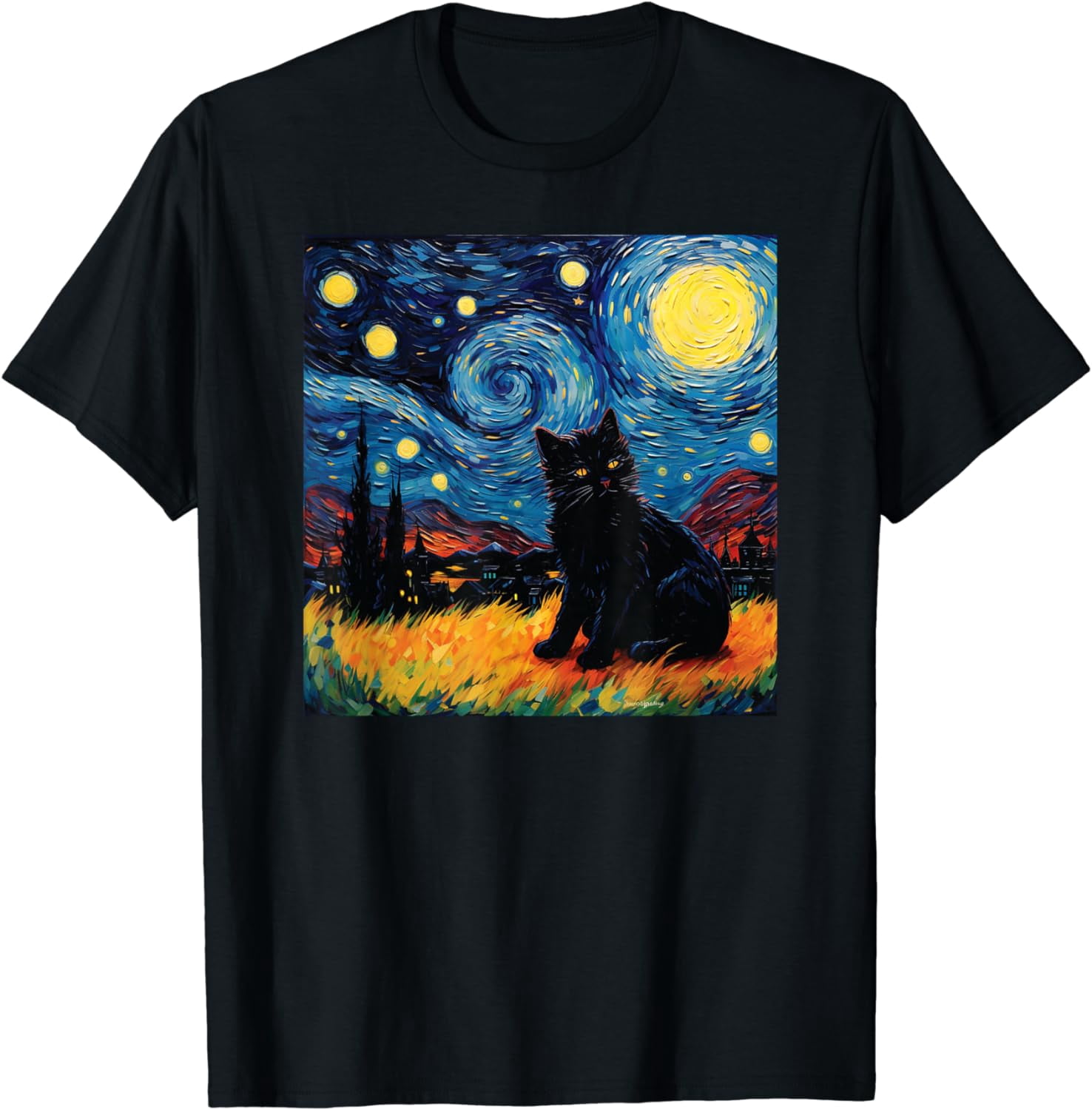 black cat Painting art Starry Night kitty kitten Van Gogh T-Shirt ...