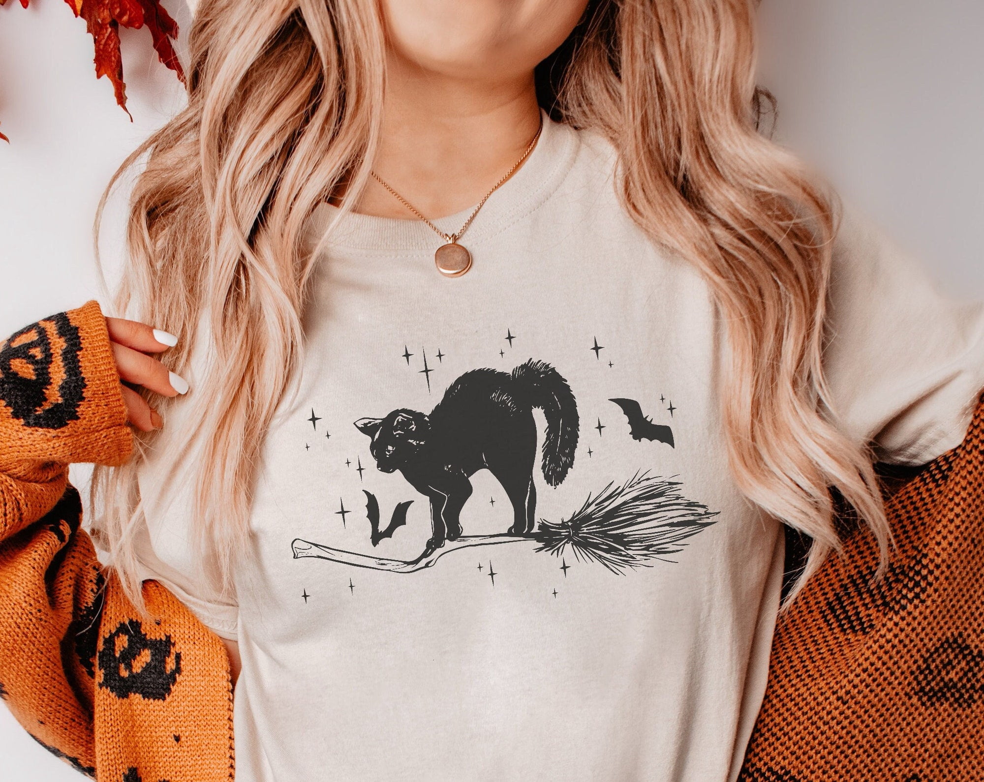 black cat riding a broomstick with bats flying around it The cat i ...